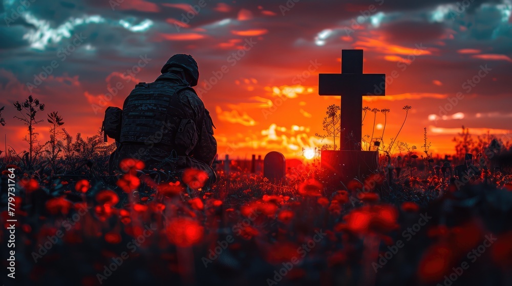Against the backdrop of a vibrant sunset, a silhouette of a soldier ...