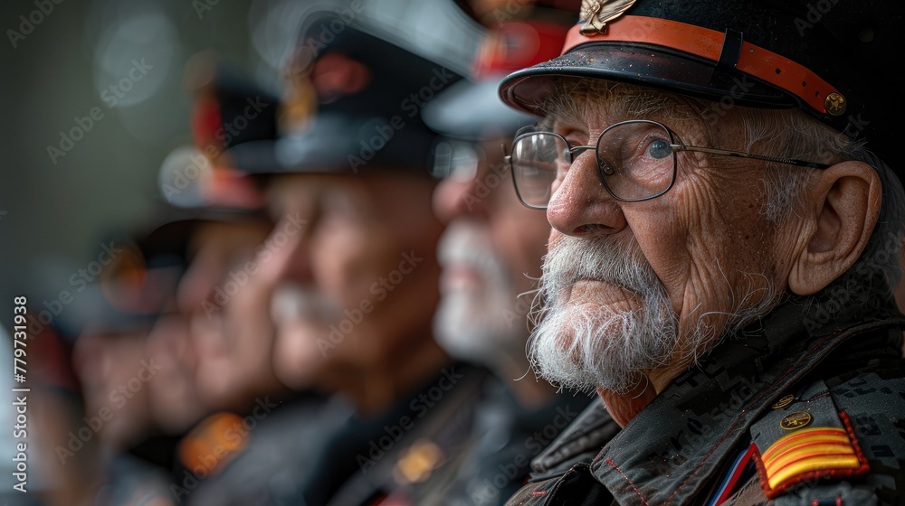 Veterans of all ages stand in formation, their uniforms adorned with ...