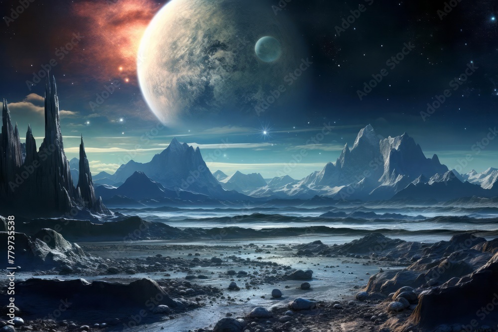 Quiet space landscape. Craters and mountains create a landscape with a ...