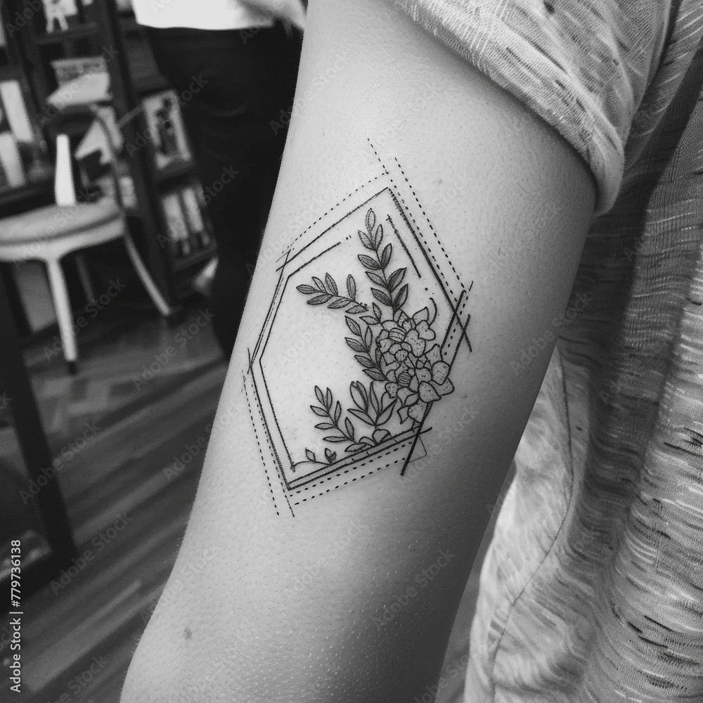 Typographic tattoo of a word or phrase enclosed within a hexagonal ...