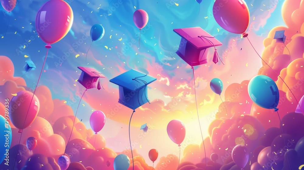 flying graduation cap on colorful background with balloons, bright ...