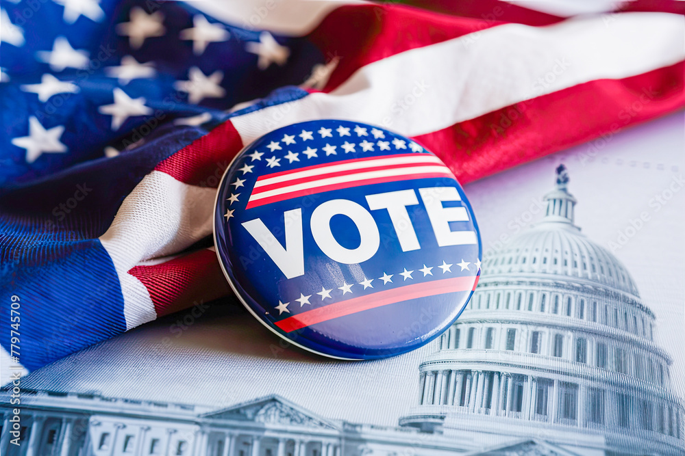 Vote election badge button with text VOTE for 2024 background, lying at the American flag , vote ...