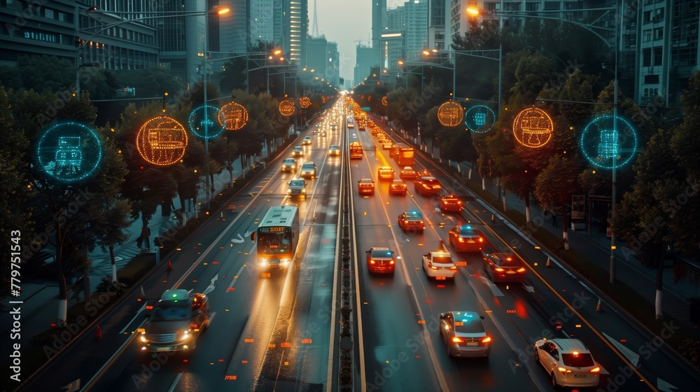 Foto de Futuristic Traffic Lights Over Urban Street. Urban street at ...