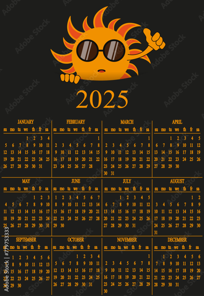 Design 2025 Calendar with trendy cartoonish Sun Character. Template ...