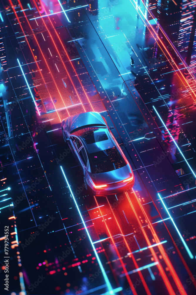 Futuristic autonomous car gliding on a digitalized highway with neon ...