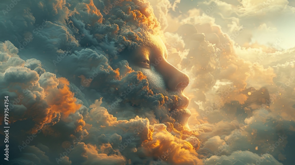 Visions aloft: Surreal backdrop with a head soaring among billowing ...