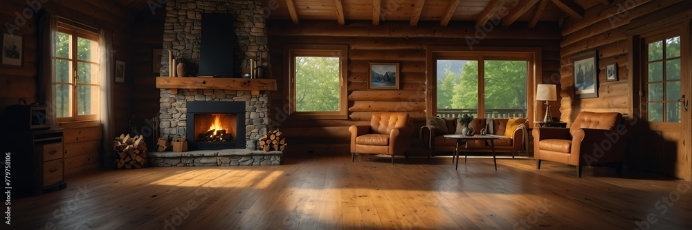 log cabin theme empty living room home interior with wooden floor ...