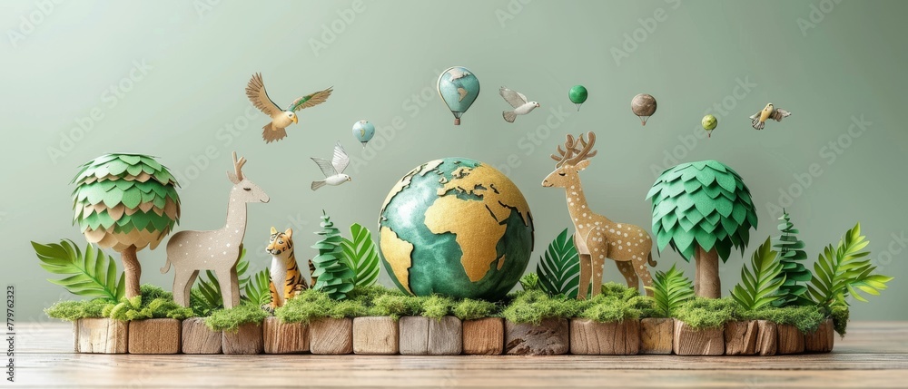 An earth day or world animal day concept depicting an elephant, a tiger ...