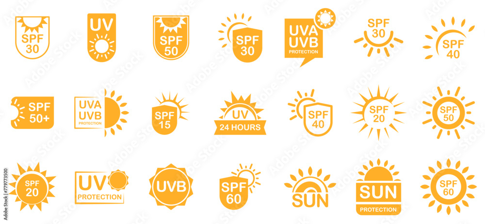 Sunscreen logo set. Spf icon set. spf isolated logo collection Stock ...