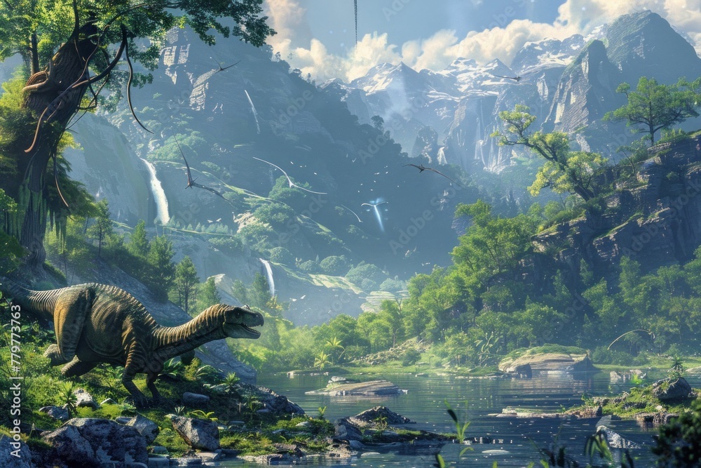 Prehistoric dinosaurs roaming in lush green jungle setting in Jurassic ...