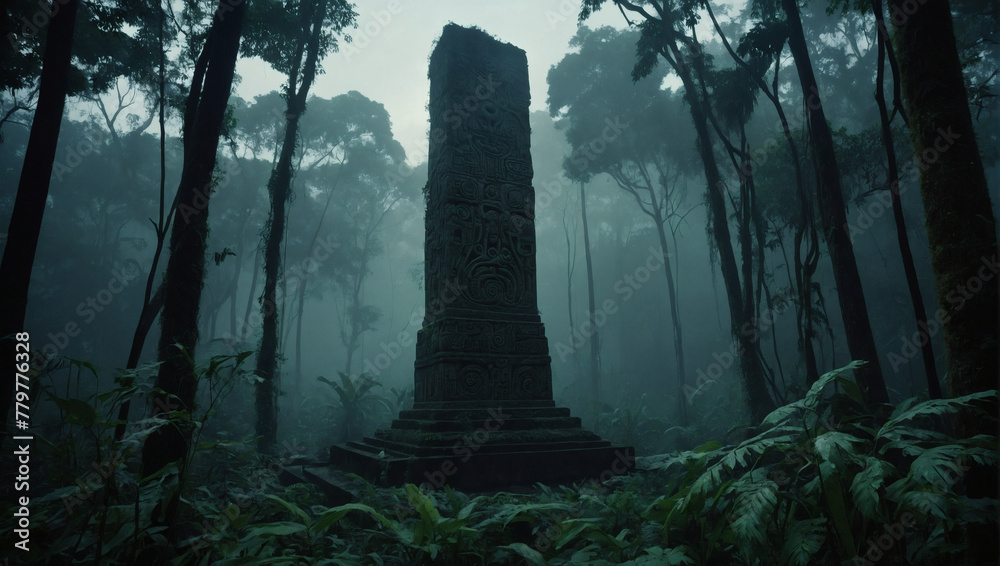 In the depths of an ancient, mist-shrouded jungle, a towering monolith ...