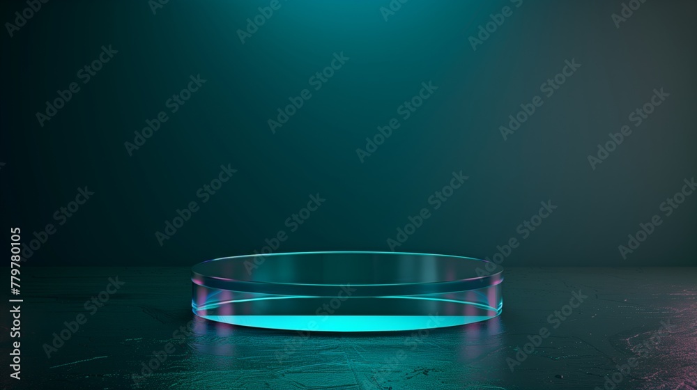 Minimalist cylindrical glass platform with neon light reflection in a ...