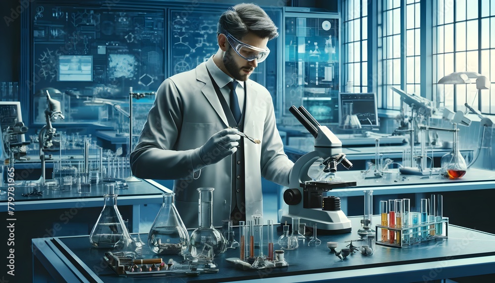 scientist is depicted wearing a white lab coat and safety goggles ...