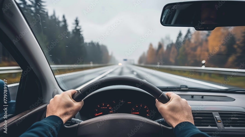 The point-of-view perspective from a driving car on a highway captures ...