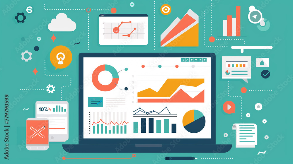 Project management tools on a laptop, with graphs and workflow ...