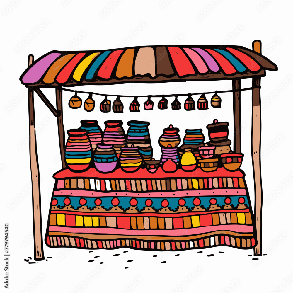 A simple flat illustration of a traditional Peruvian market with ...