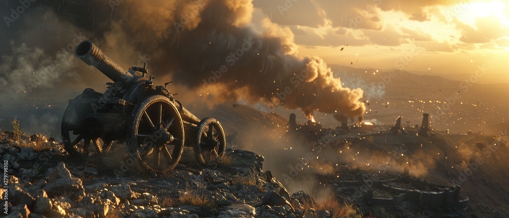 Battlefield cannons, sentinel stance, castle smoke looming, realistic ...