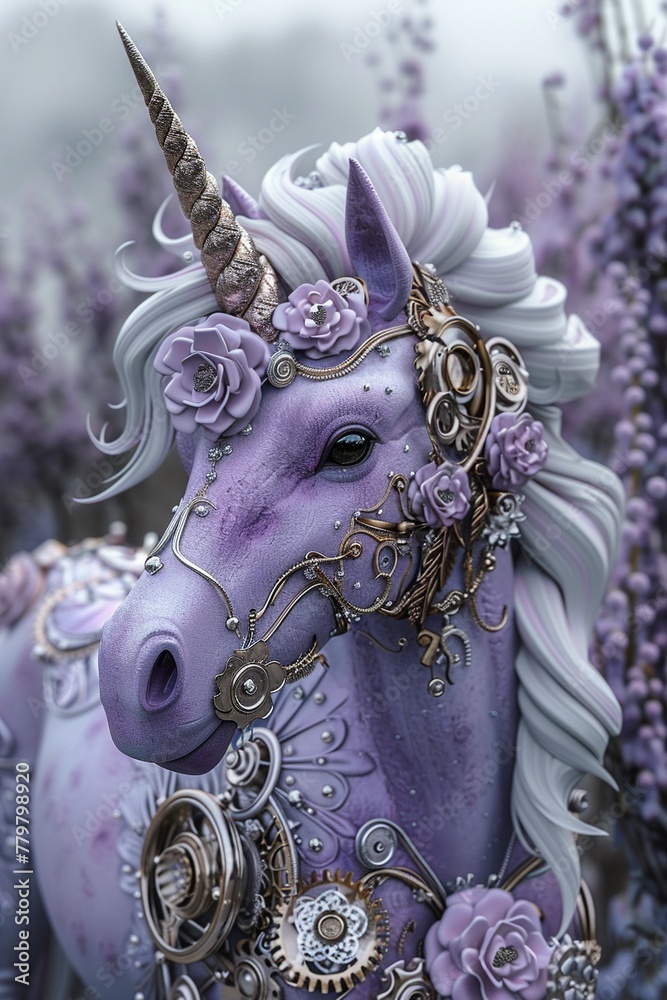 Steampunk unicorn, mauve body, silver cogs, realistic shading, dynamic ...