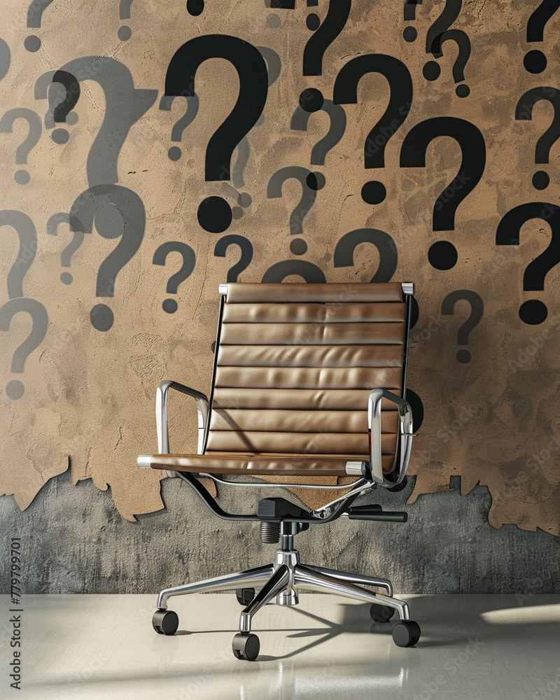 An office chair turned towards a wall filled with question marks ...