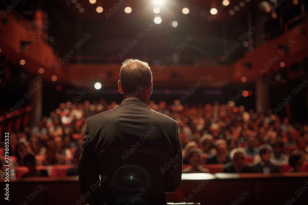 Back view of a male speaker addressing a diverse audience in a large ...