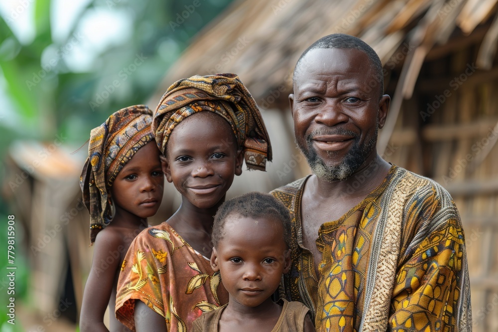 An African man with traditional attire poses with three young girls ...