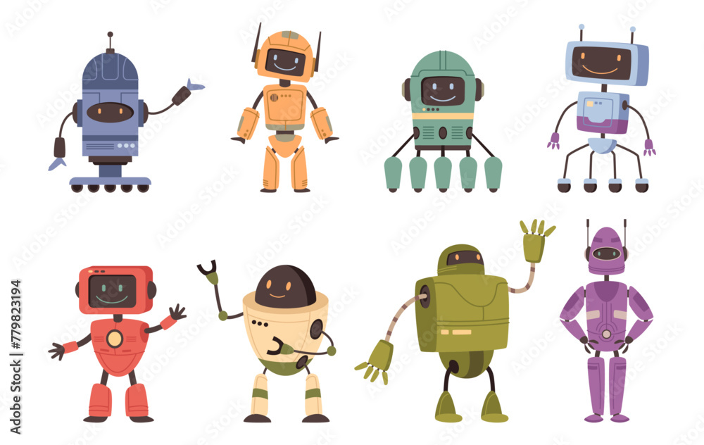 Humanoid or android robot personage with smiling facial expression and ...