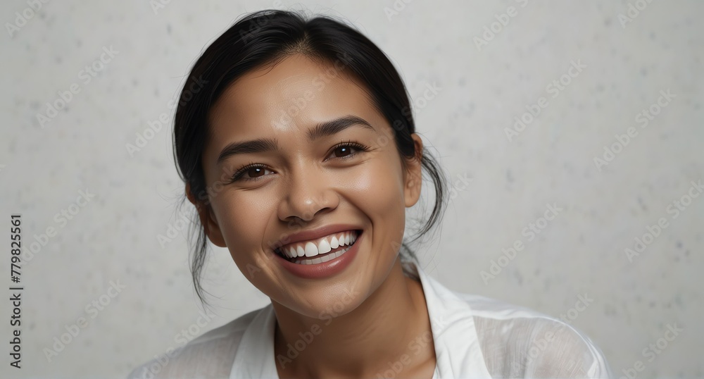 young filipino middle aged woman on plain bright white background ...