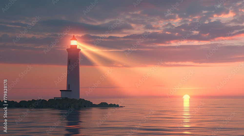 The beam of a lighthouse extending towards the horizon, lighting up ...