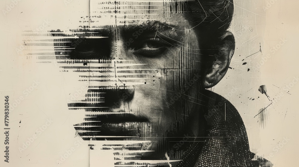 A man's face is blurred and pixelated, creating a distorted and ...