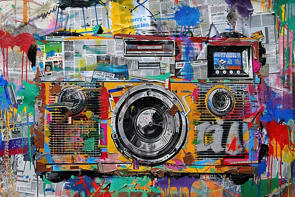 A vibrant street art explosion featuring a ghettoblaster rendered in a ...