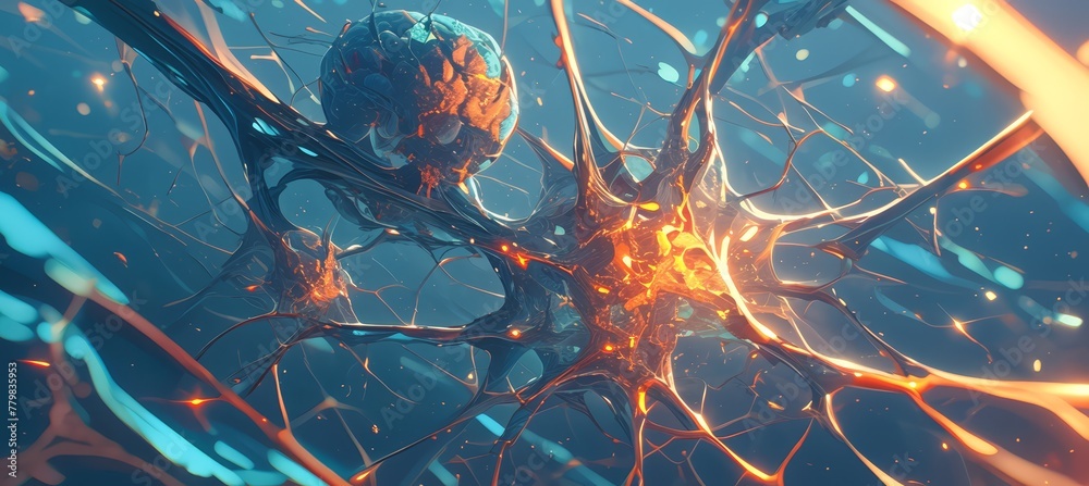 A detailed illustration of neurons in vibrant colors against an ...