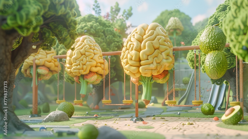 A playground scene where brain cells and avocados play together on ...