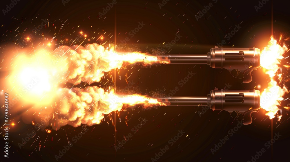 Pistol shot explosion, smoke and fire shining from the muzzle of the shotgun. Blast motion ...