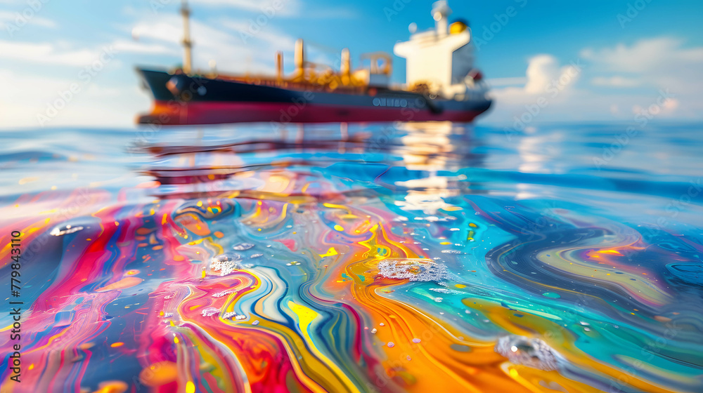 Oil floating on the surface of the ocean, water pollution and chemicals ...