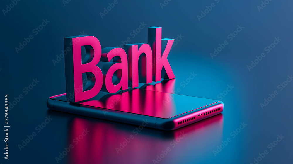 Isometric 3D render of word “Bank” placed on smartphone with gradient ...