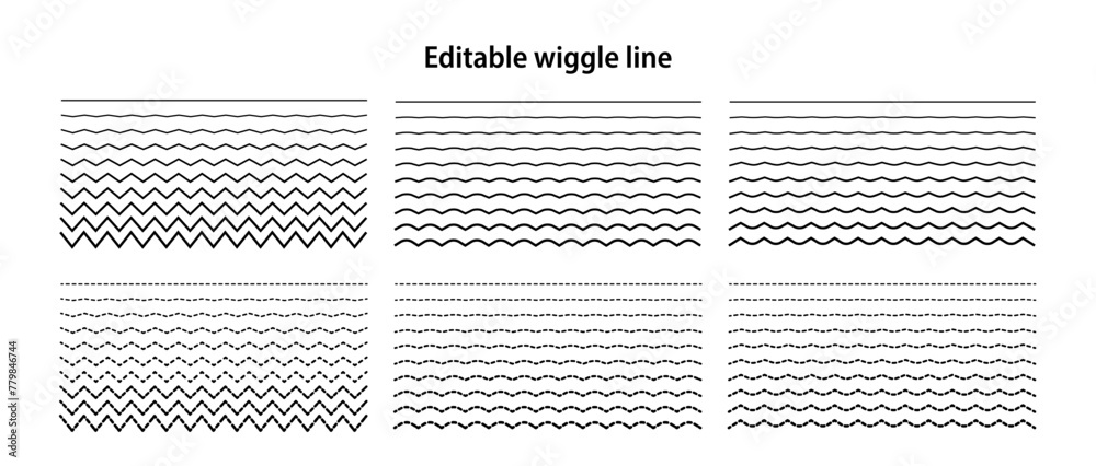 Editable wiggle lines. Set of wavy curves and zigzag intersecting horizontal strokes. Transition ...