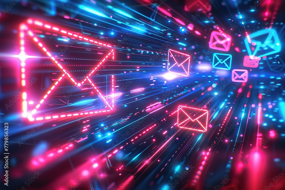 Digital background. Abstract glowing backdrop with mail icon, red blue ...