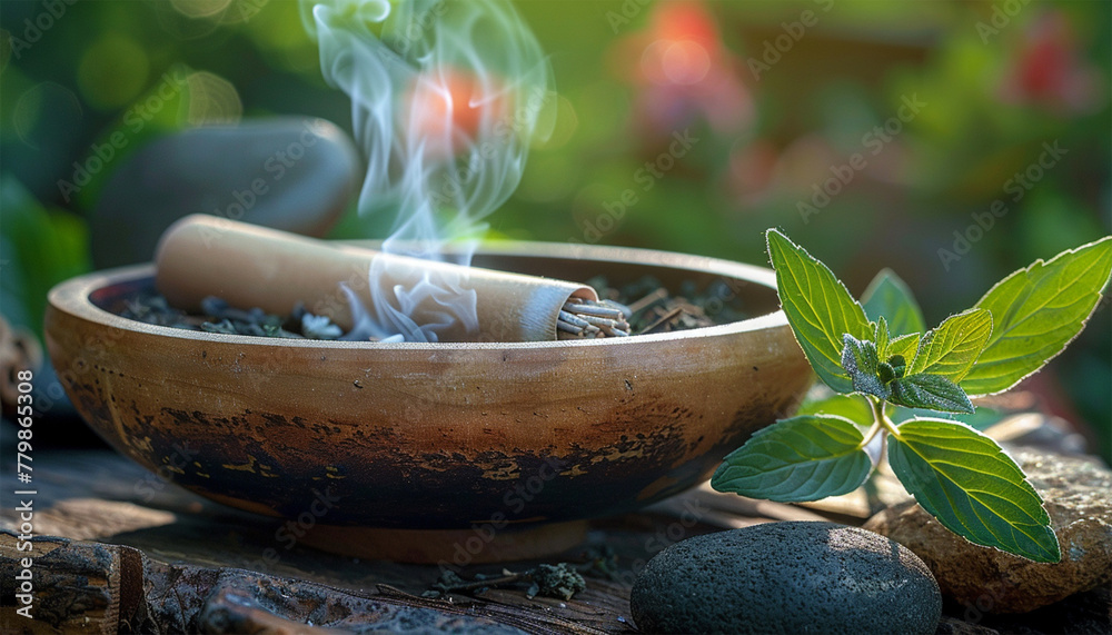 Herbal ritual incense sticks burning. Fumigation ceremony. Pagan witch ...