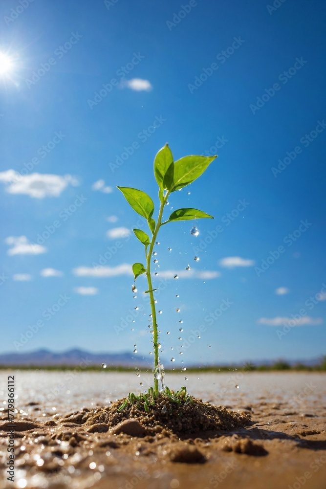 sapling with water drops in sandy soil amid desert landscape ...