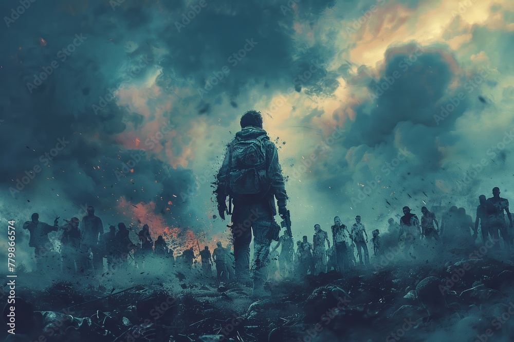 A man armed with weapons confronts a horde of undead creatures in a ...