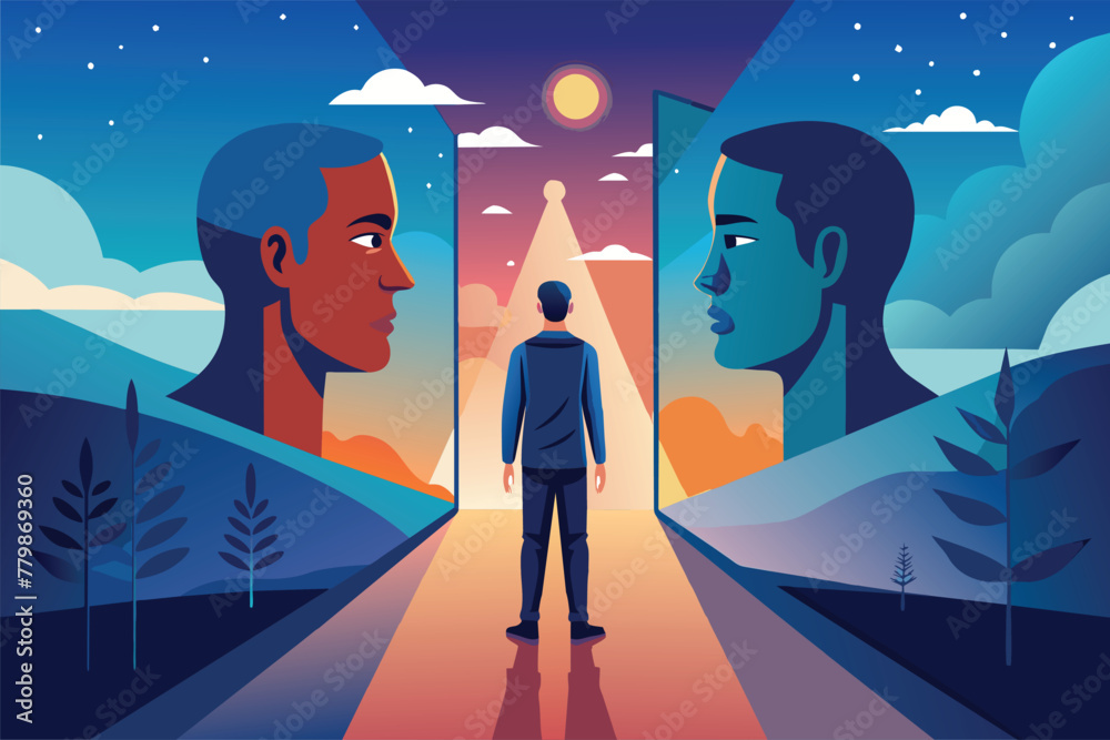 Man between two profile faces with celestial elements, vector cartoon ...