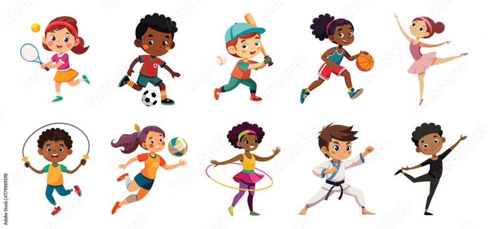 Kids in Sports Activities, vibrant vector cartoon illustration. Young ...