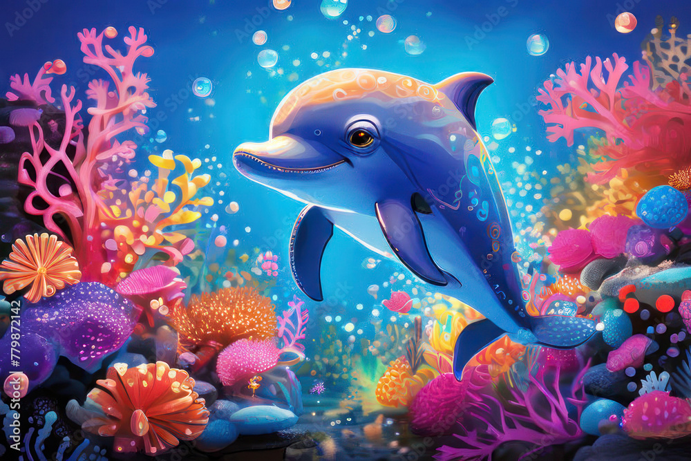 A friendly animated dolphin frolics among a myriad of exuberant corals ...