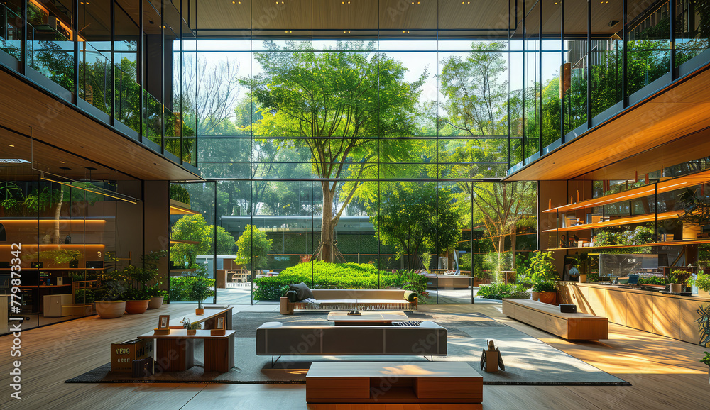 Interior view of a hotel lobby in a modern architectural style with a ...