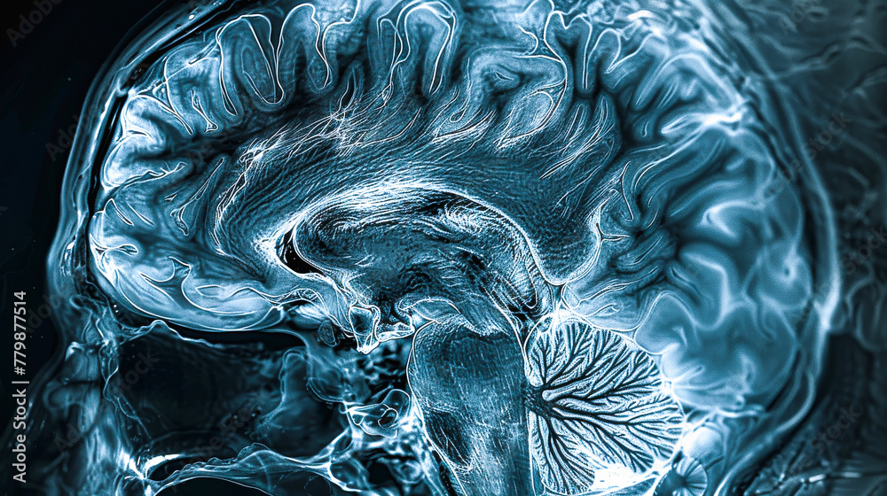 Detailed image of a human brain scan glowing with an intricate blue ...