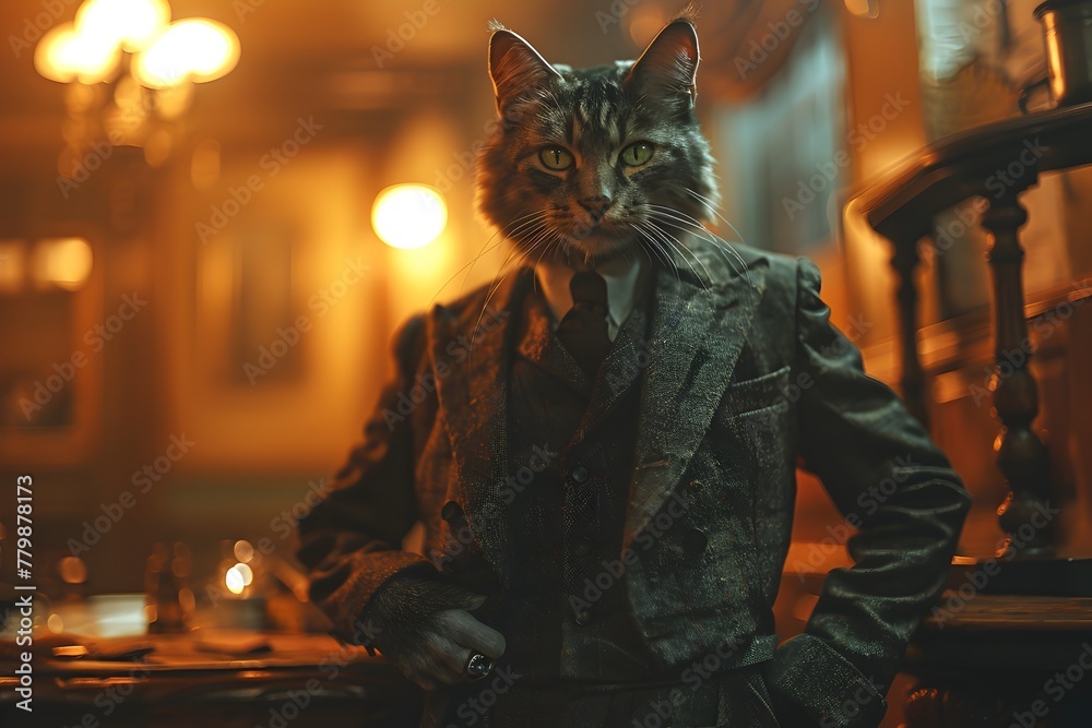 Captivating Feline-Human Hybrid Adorned in Tailored Suit in Moody,Dimly ...