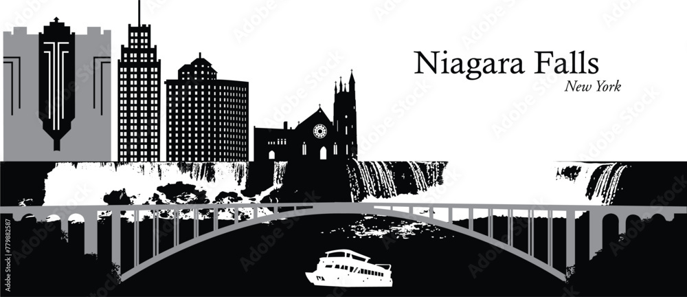 Vector illustration of the skyline cityscape and waterfall of Niagara ...