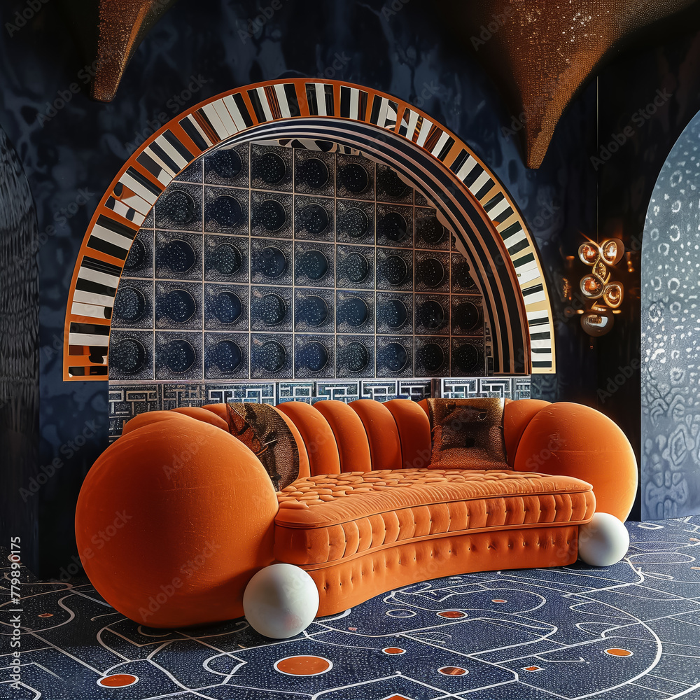 Picture an interior melding retro-futuristic Art Deco with circular ...