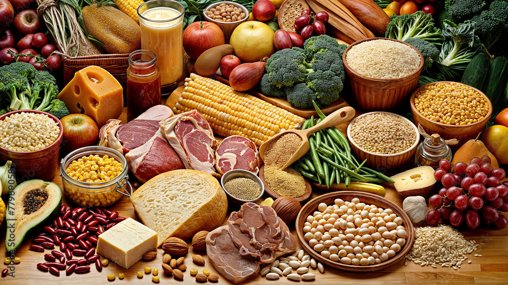variety of food ingredients on a table seen from above: vegetables ...