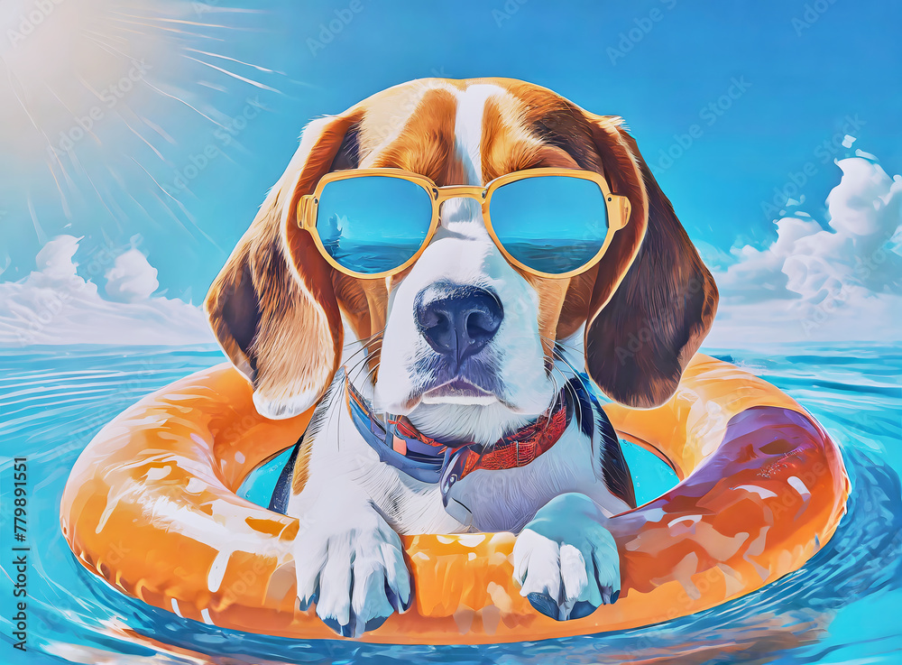 Cartoon of a dog with sunglasses bathing in the sea holding a float ...